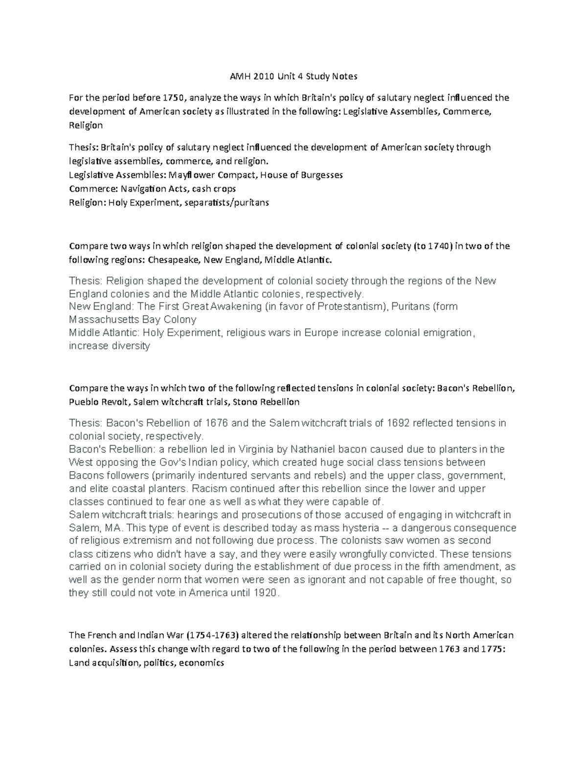 AMH 2010 Unit 4 Study Notes - AMH 2010 Unit 4 Study Notes For the ...