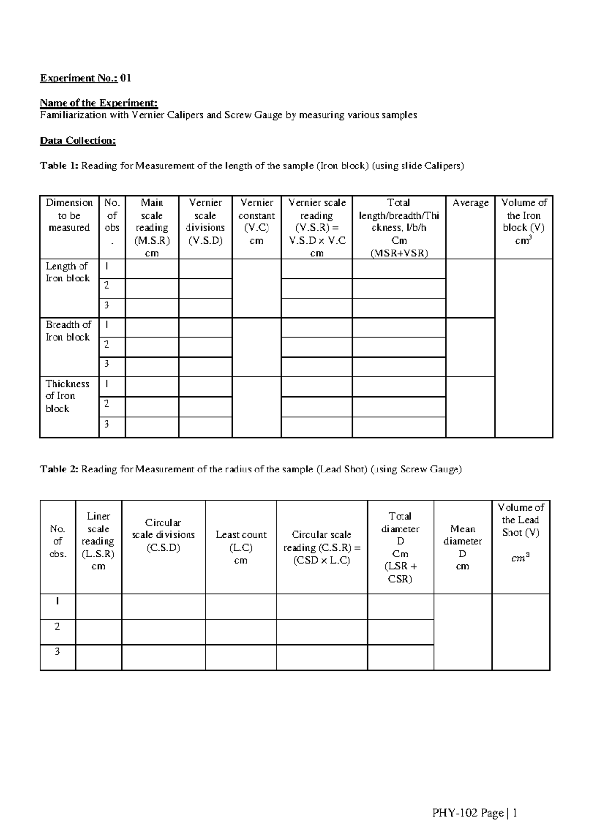 Physics 102 Lab Data Sheet (Hardware Based) - Name of the Experiment ...
