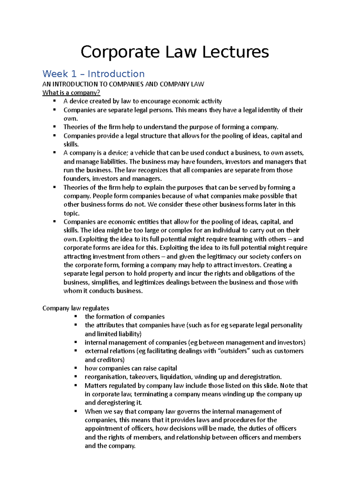 Corporate Law Lectures Corporate Law Lectures Week 1 Introduction