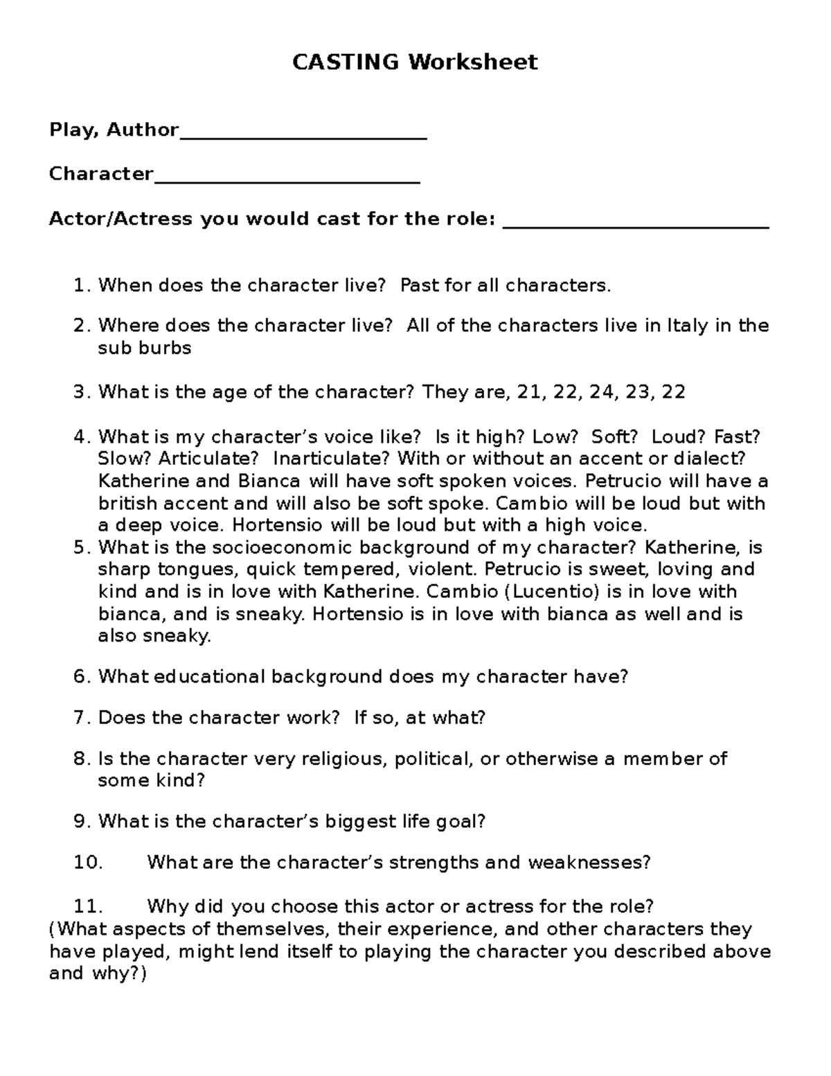 Casting Worksheet updated - CASTING Worksheet Play, Author ...