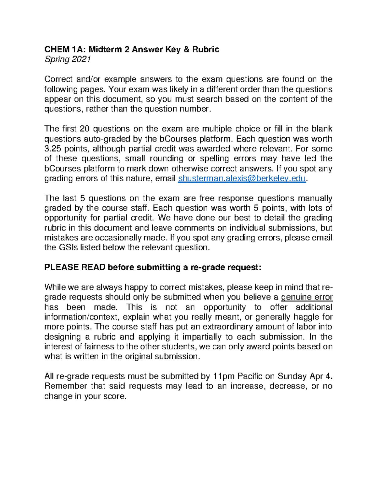 Practice Midterm 2 Spr21KEY - CHEM 1A: Midterm 2 Answer Key & Rubric Spring 2021 Correct and/or ...
