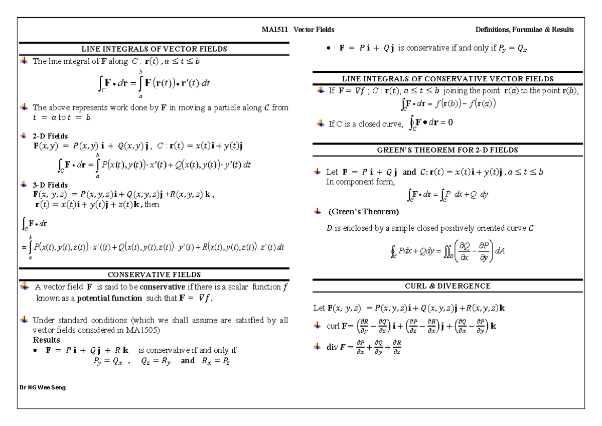 MA1511 1920S1 Chapter 4 Summary - MA1511 Vector Fields Definitions, Formulae & Results Dr NG Wee ...