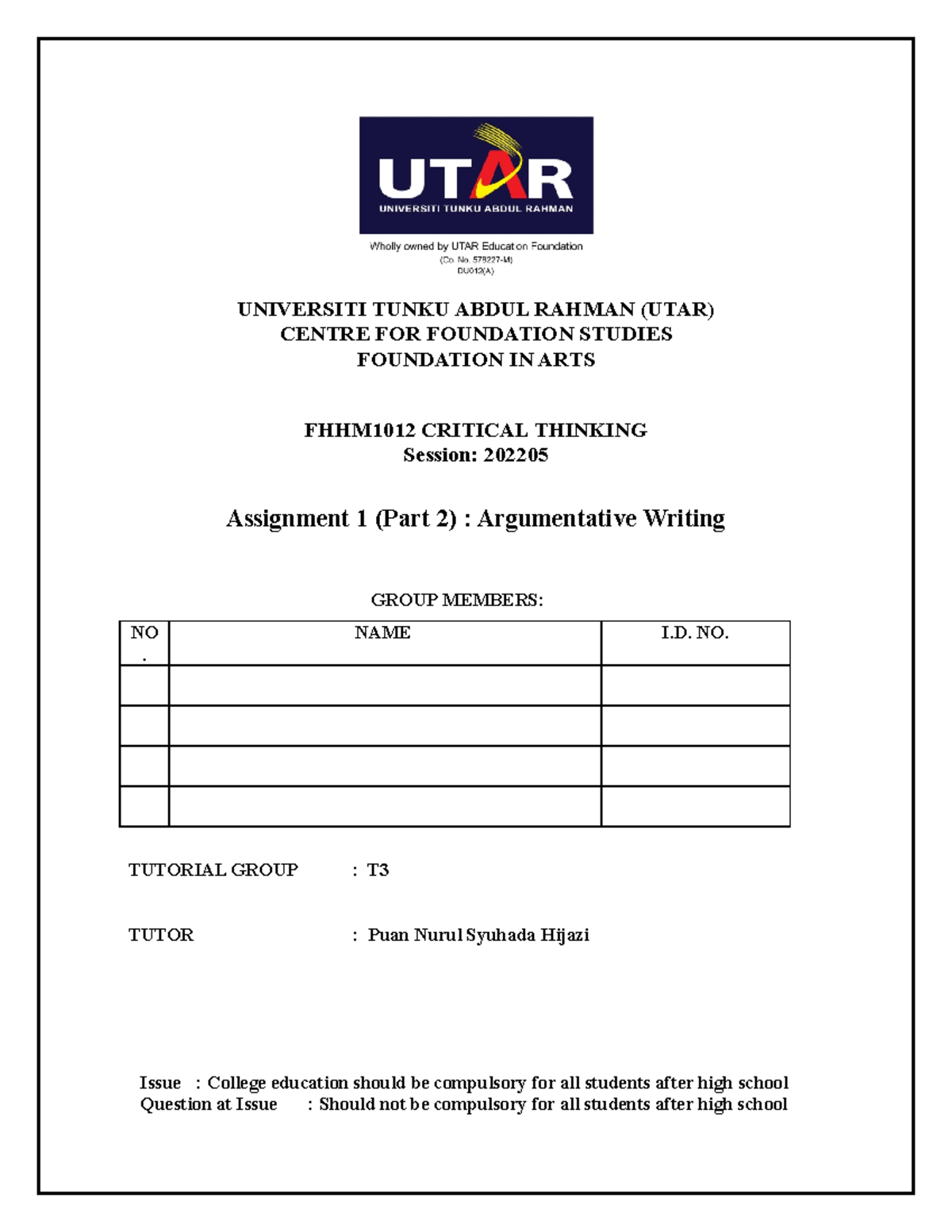 CT Assignment Essay - Good Lucky! - UNIVERSITI TUNKU ABDUL RAHMAN (UTAR ...