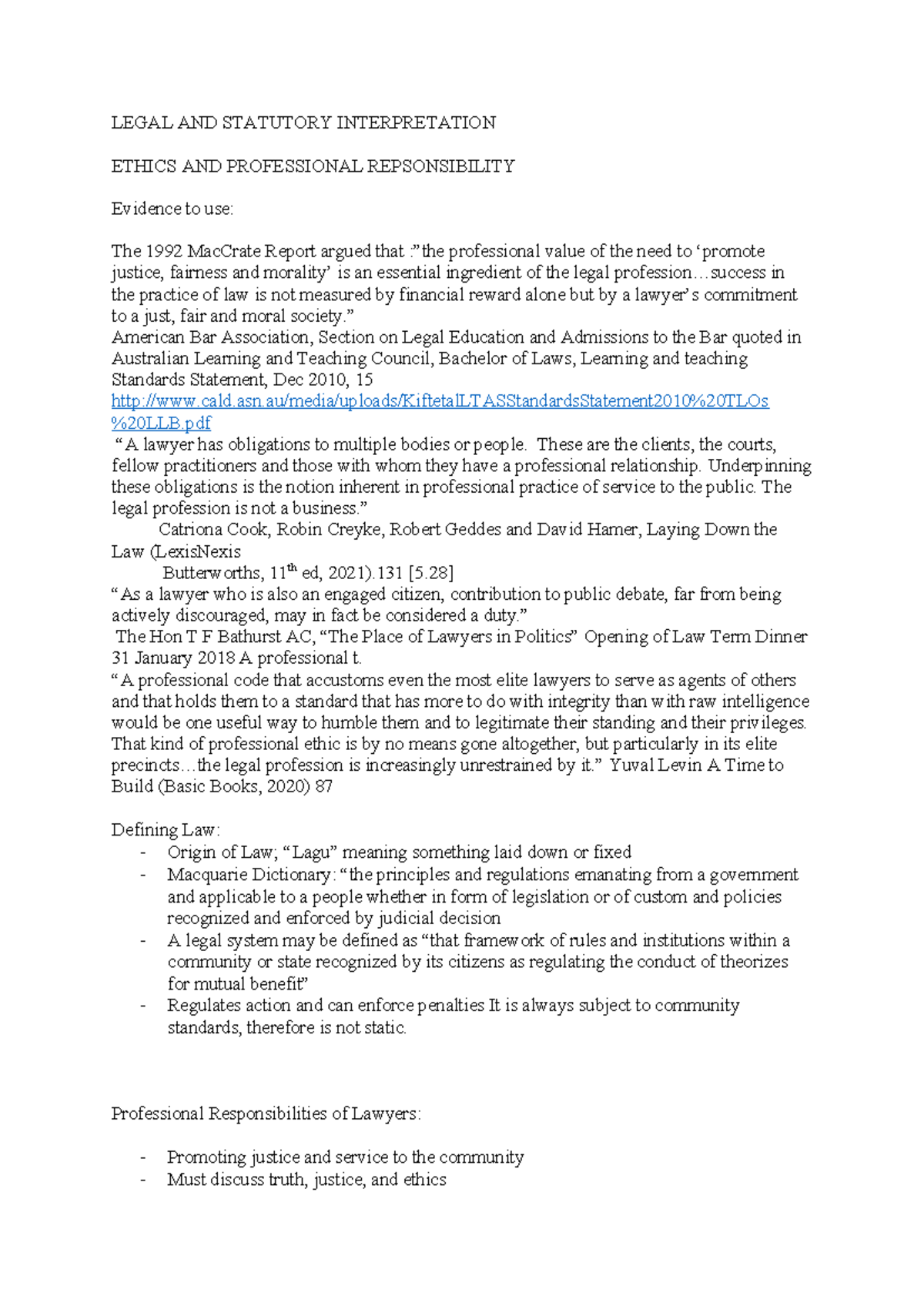 Notes 1 - LEGAL AND STATUTORY INTERPRETATION ETHICS AND PROFESSIONAL ...