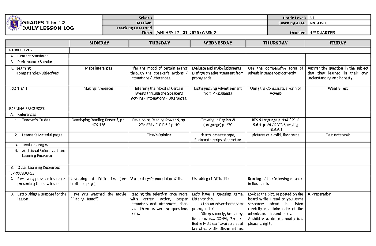 DLL English 6 Q4 W2 - S M DFM DMF DM - GRADES 1 to 12 DAILY LESSON LOG ...