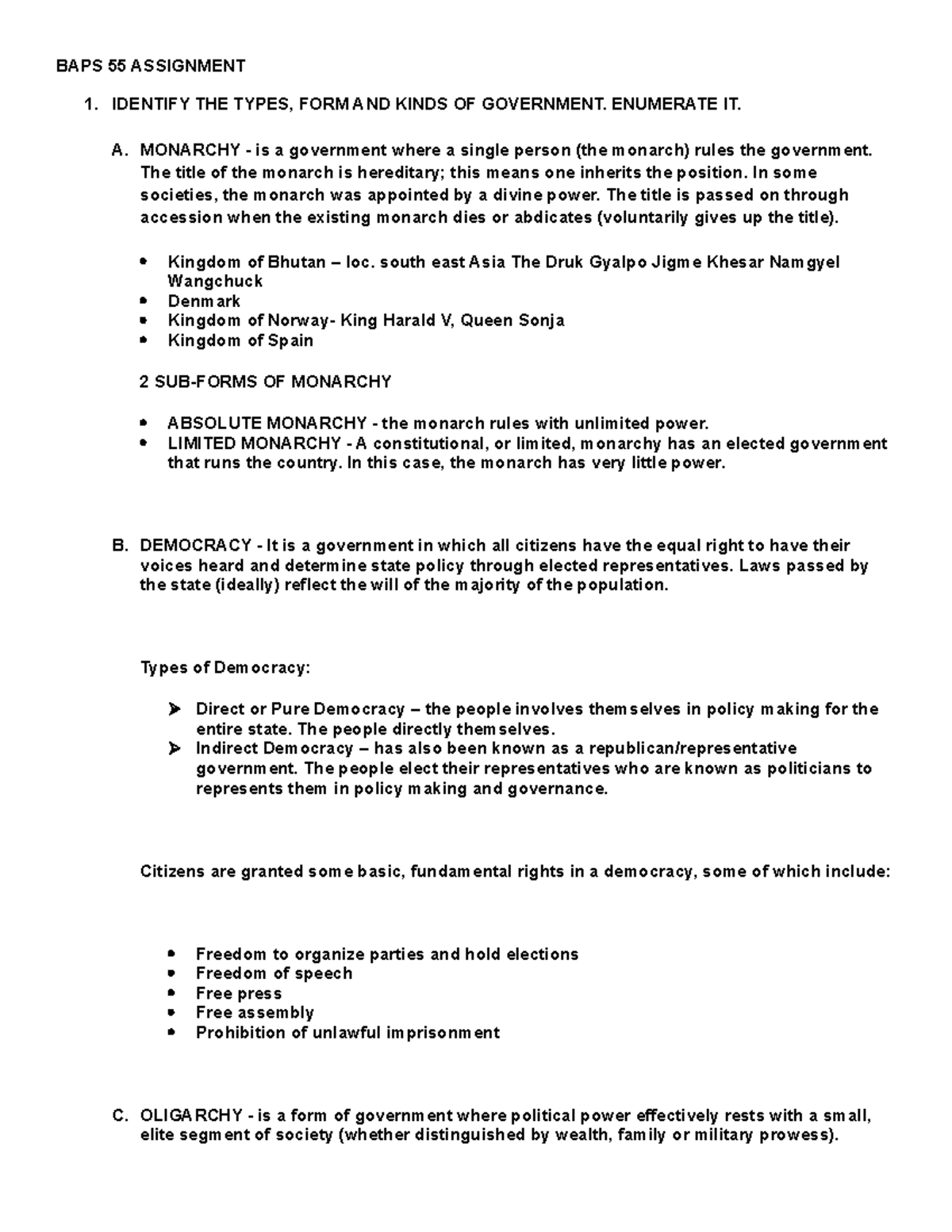 Forms AND Types OF Government - BAPS 55 ASSIGNMENT 1. IDENTIFY THE ...