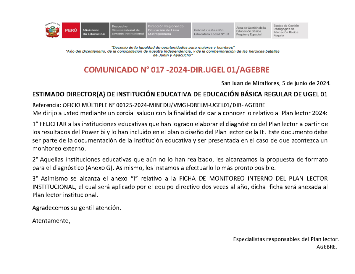 Comunicado N° 017 -2024-DIR.UGEL 01 Agebre - COMUNICADO N° 017 - 2024 - DIR 01/AGEBRE San Juan ...