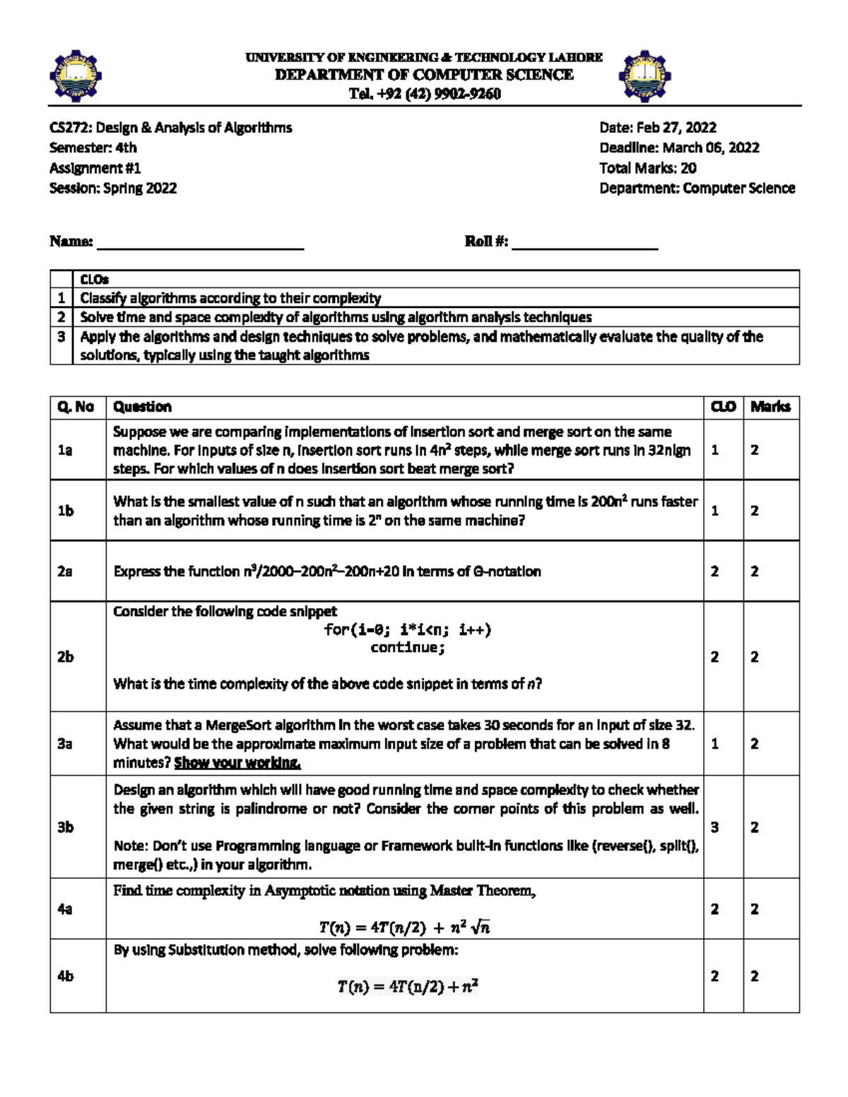 W7 DAA Assignment 1 - UNIVERSITY OF ENGINEERING TECHNOLOGY LAHORE ...