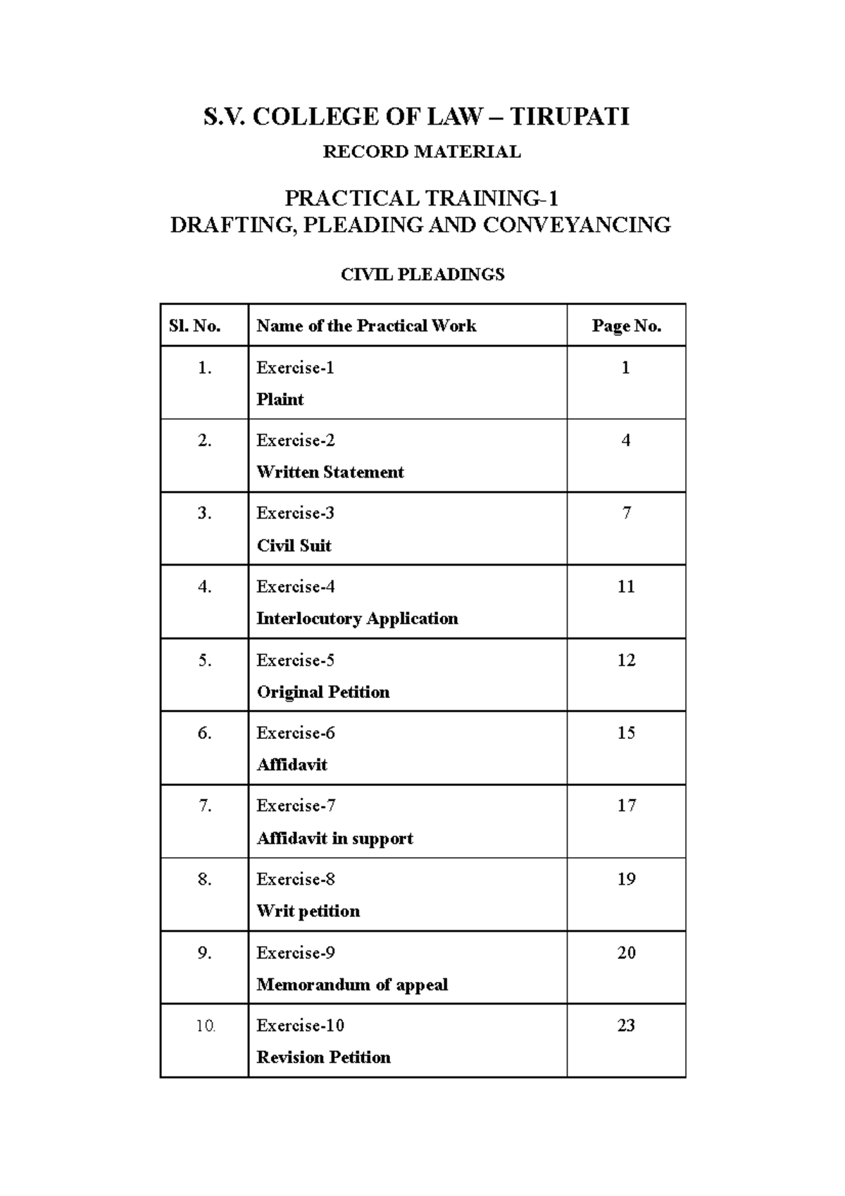 DPC Exercises - Drafting, Pleadings Formats - S. COLLEGE OF LAW – TIRUPATI RECORD MATERIAL ...