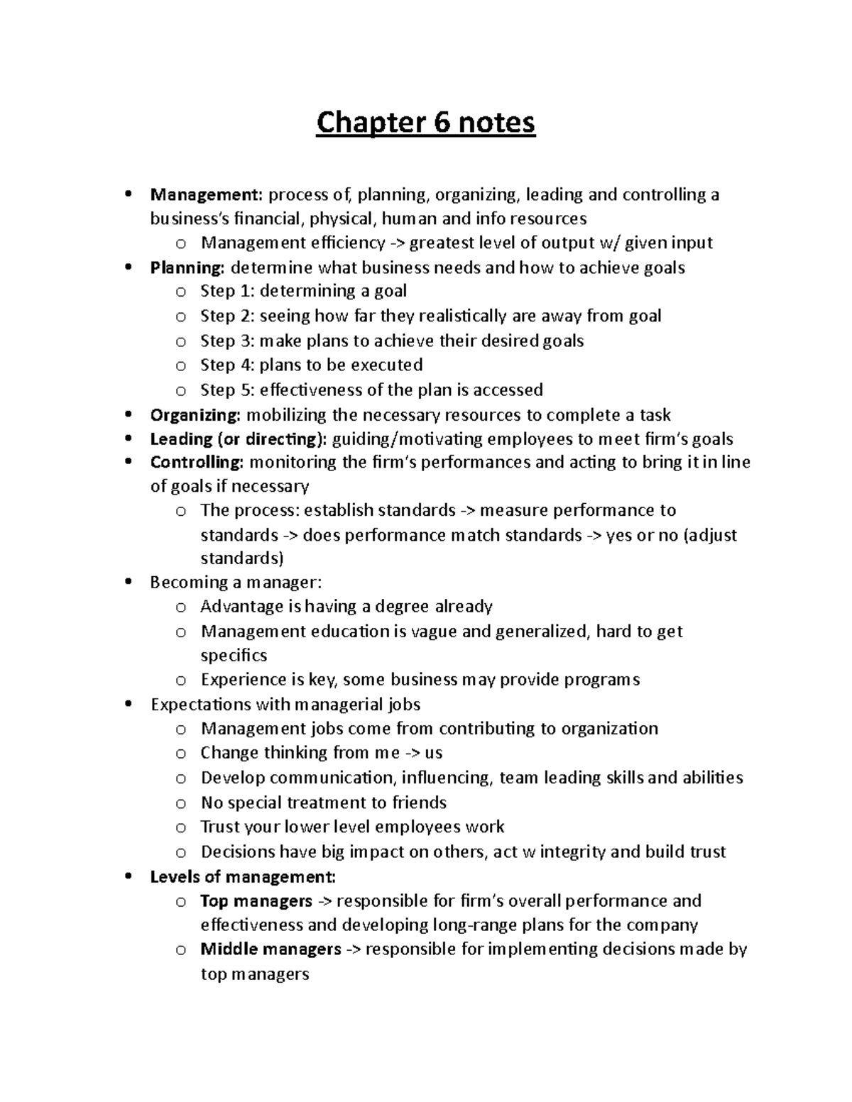 Chapter 6 Management: Planning Organizing Leading and Controlling - Studocu