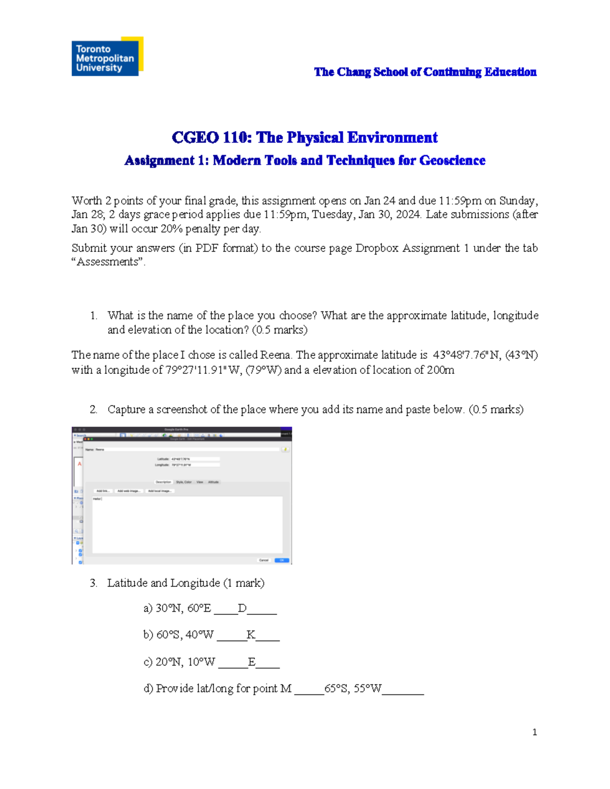 Geo110 Assignment 1 - 1 Worth 2 points of your final grade, this ...