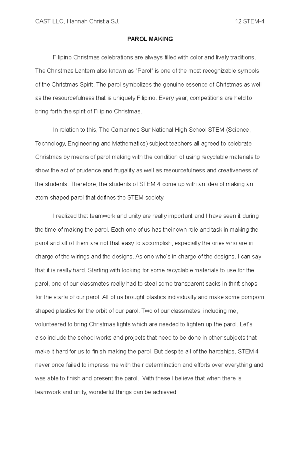 Parol Reflection Sheesh - CASTILLO, Hannah Christia SJ. 12 STEM- PAROL ...