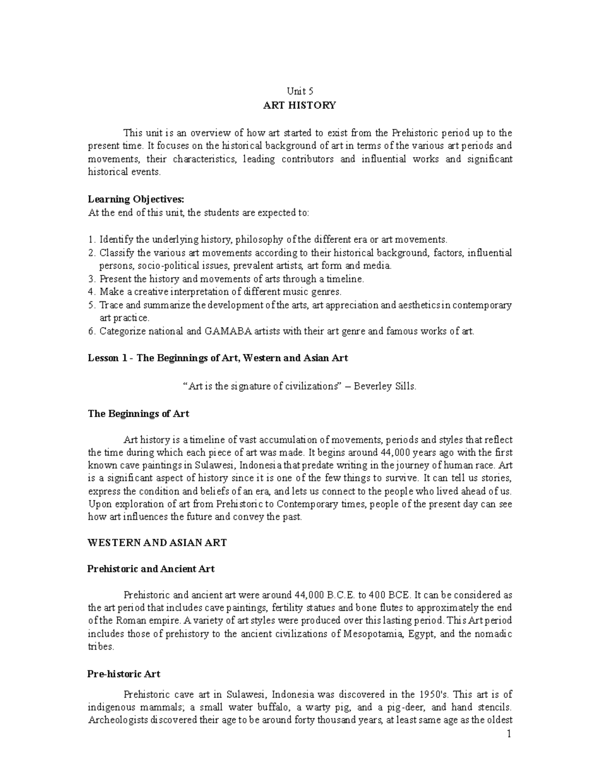 Art App - Unit 5 - Unit 5 ART HISTORY This unit is an overview of how ...