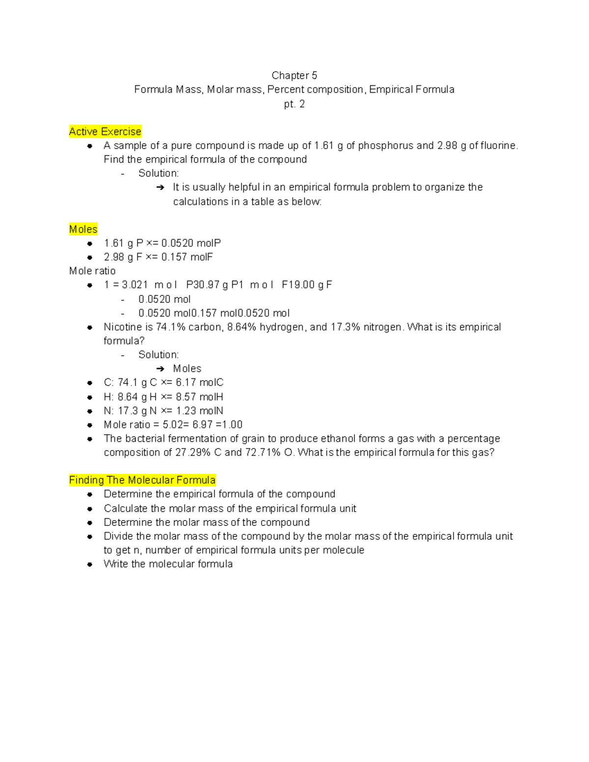 Chapter 5 pt. 2 - Lecture notes 14 - Chapter 5 Formula Mass, Molar mass ...