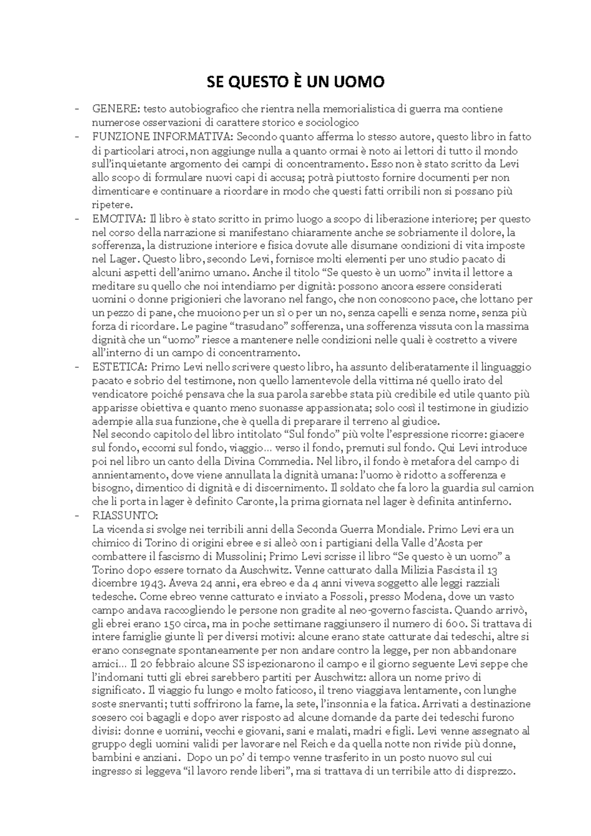 Se questo è un uomo - Descrizione e analisi dettagliata del libro - SE ...