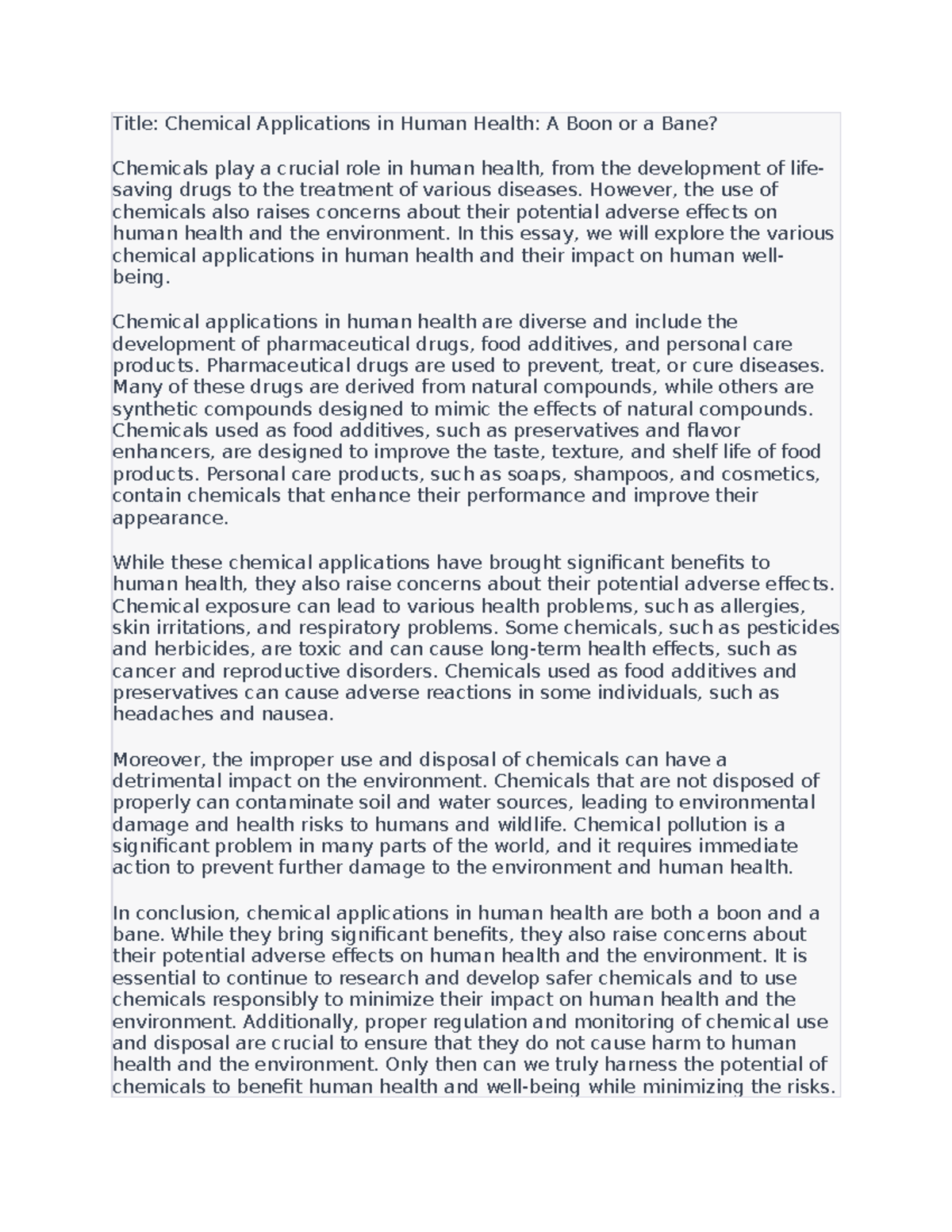 Chemical Applications in Human Health - A Boon or a Bane - Title ...