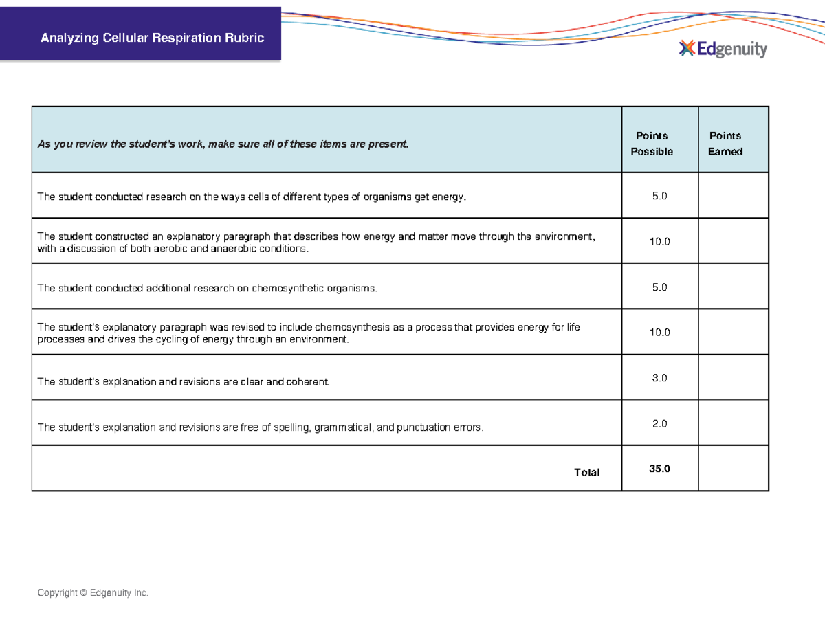 Analyzing Cellular Respiration Rubric - Copyright © Edgenuity Inc ...