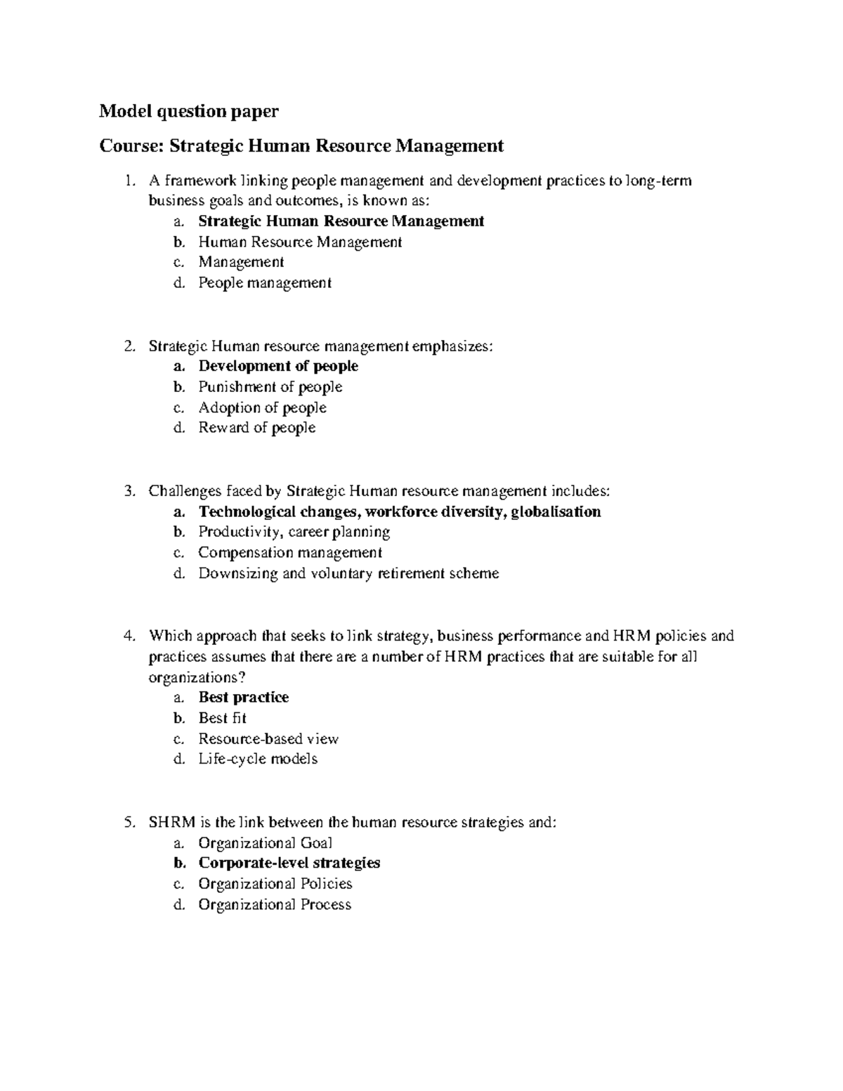 X Strategic Human Resource Management - Model question paper Course ...