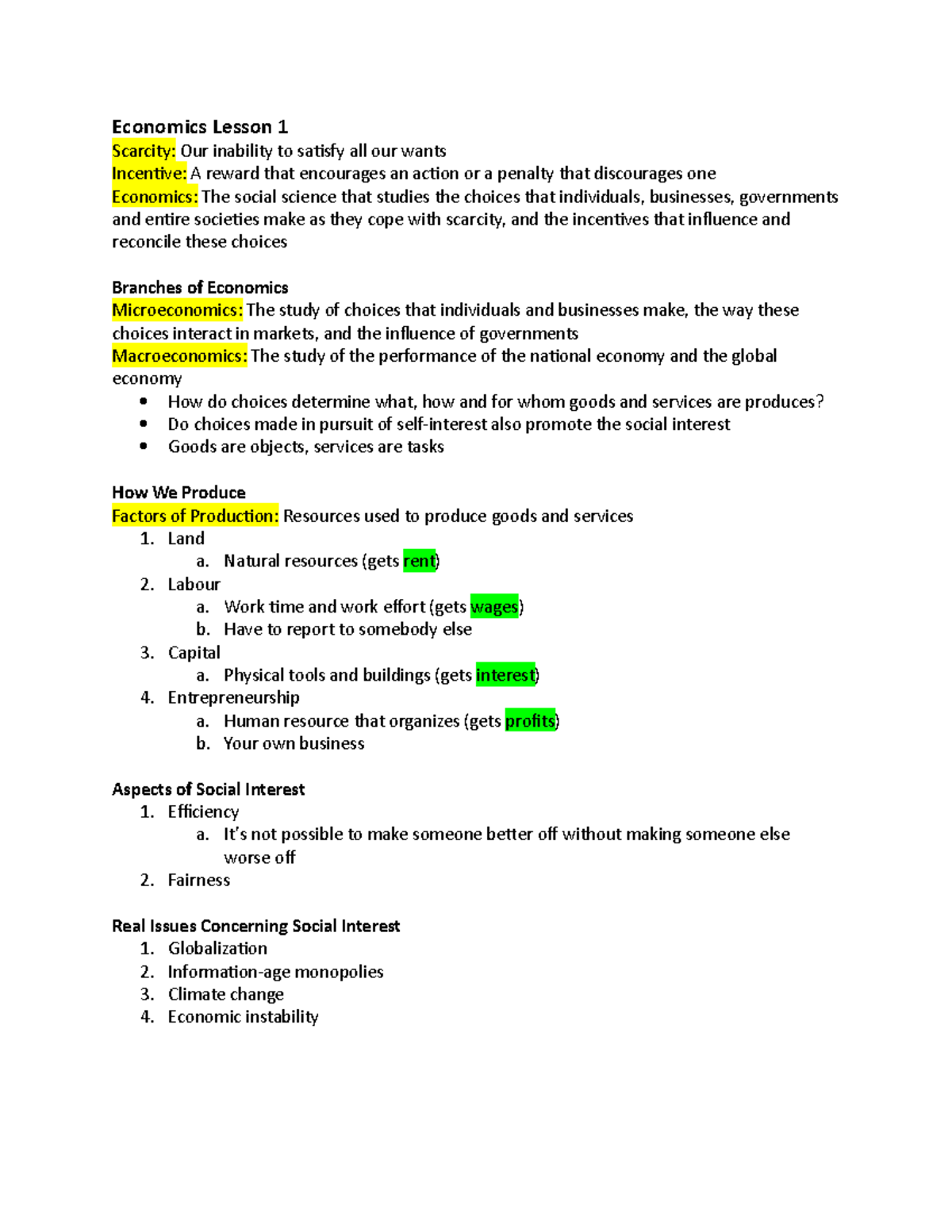 Microeconomics Lesson 1 - Economics Lesson 1 Scarcity: Our inability to ...