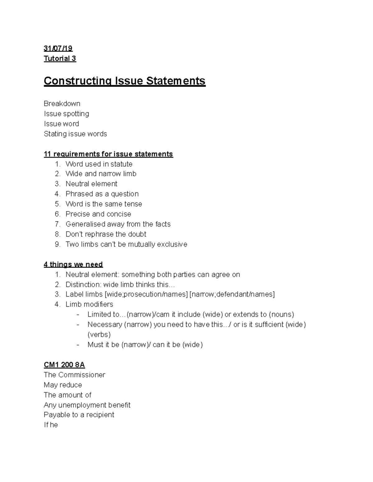 LAWS123-Tutorial 3 - constructing issue statements - Tutorial 3 ...