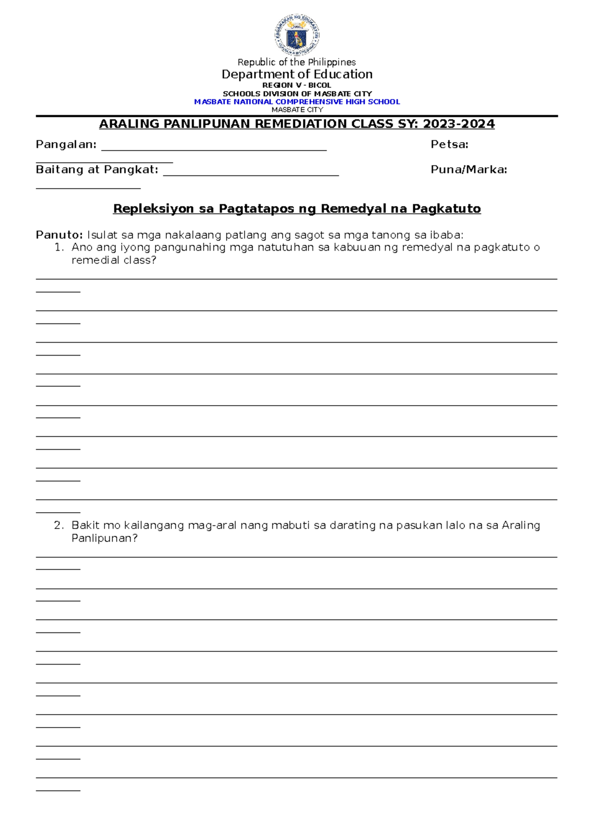 Reflection - Remedial Class 2024 - Department of Education REGION V ...