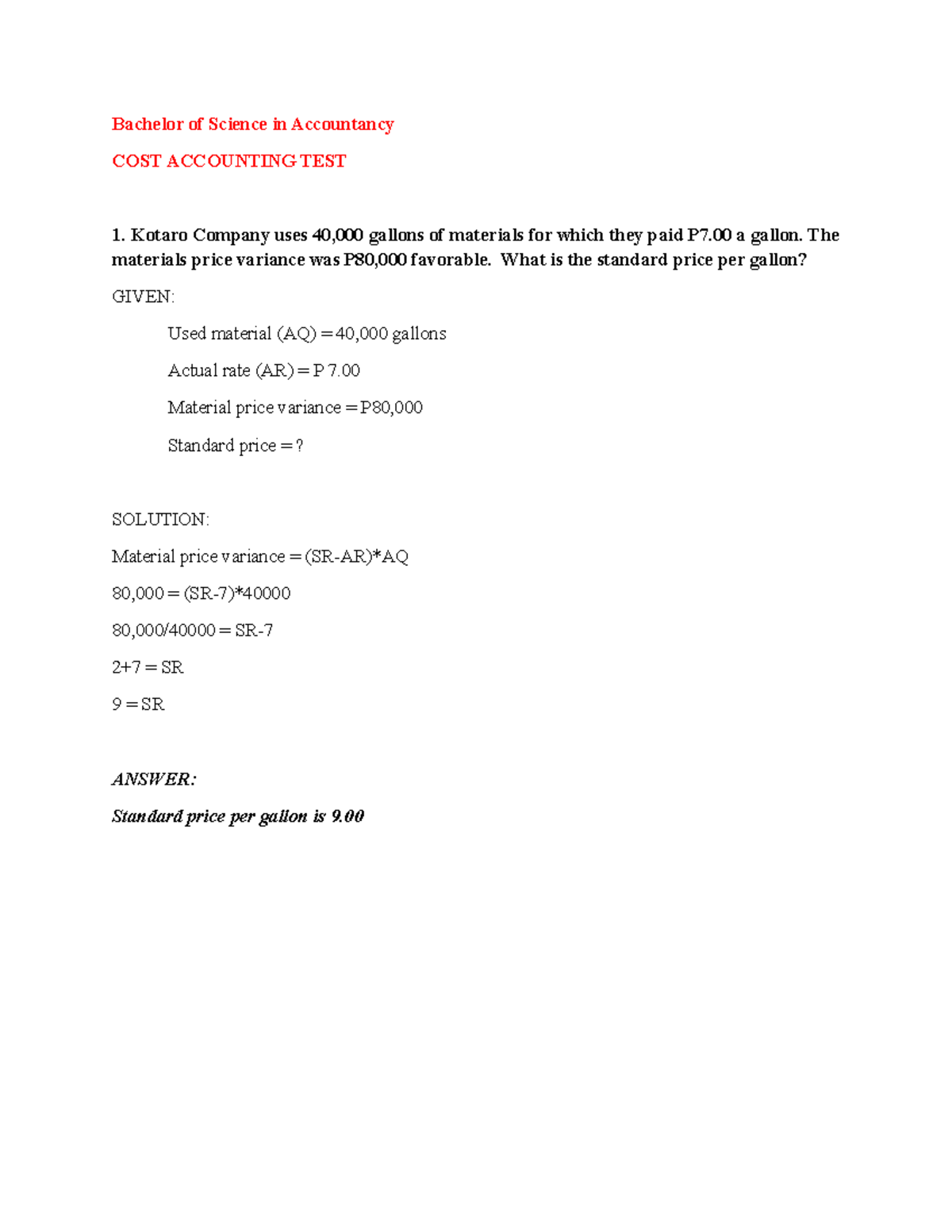 Cost Accounting Test - Problem Solving - Bachelor of Science in ...