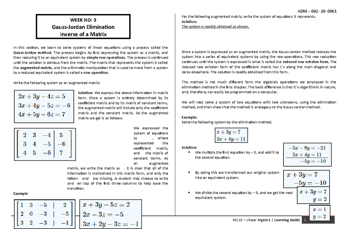 LG-W3-M110 linear algebra - In this section, we learn to solve systems ...