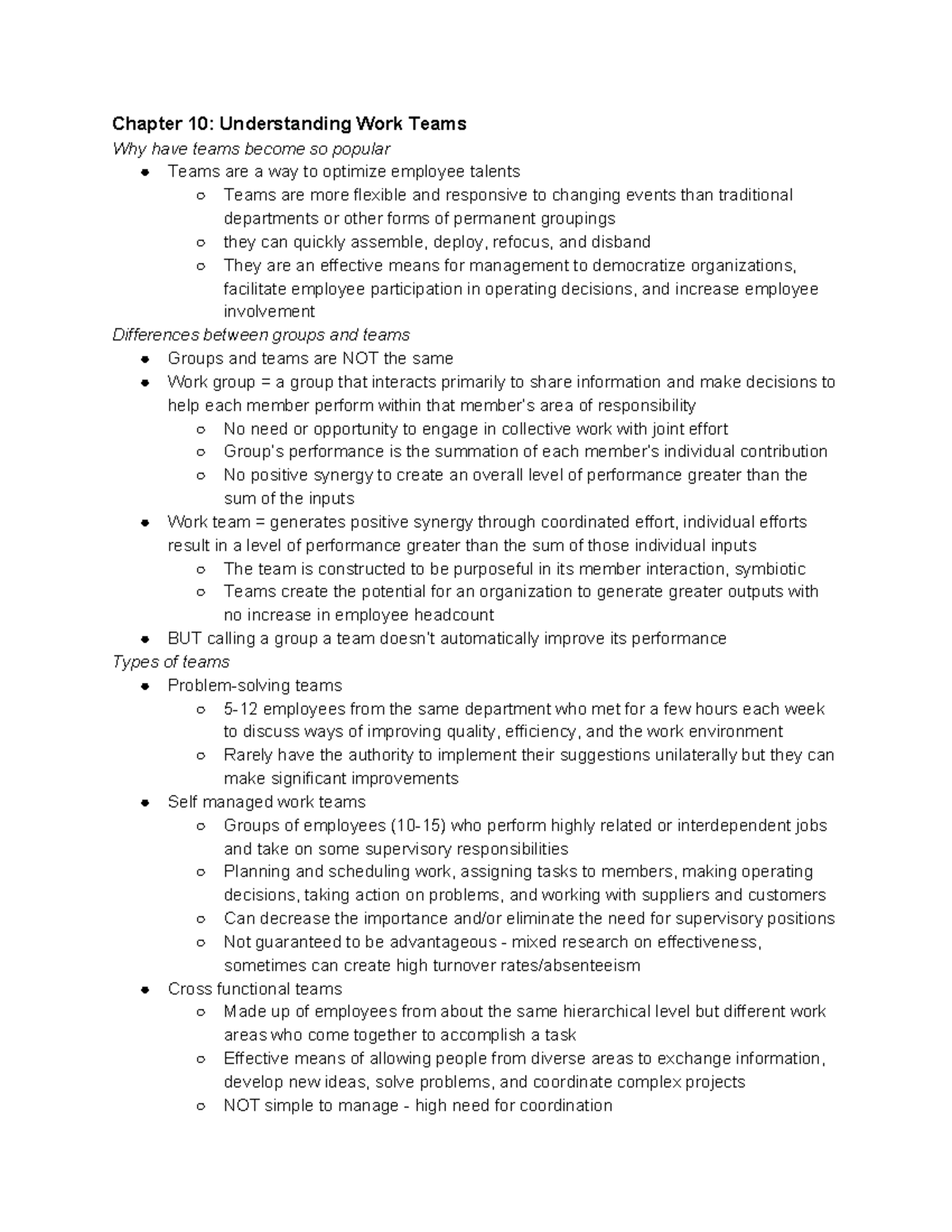 Chapter 10 Reading Notes Understanding Work Teams - Chapter 10 ...