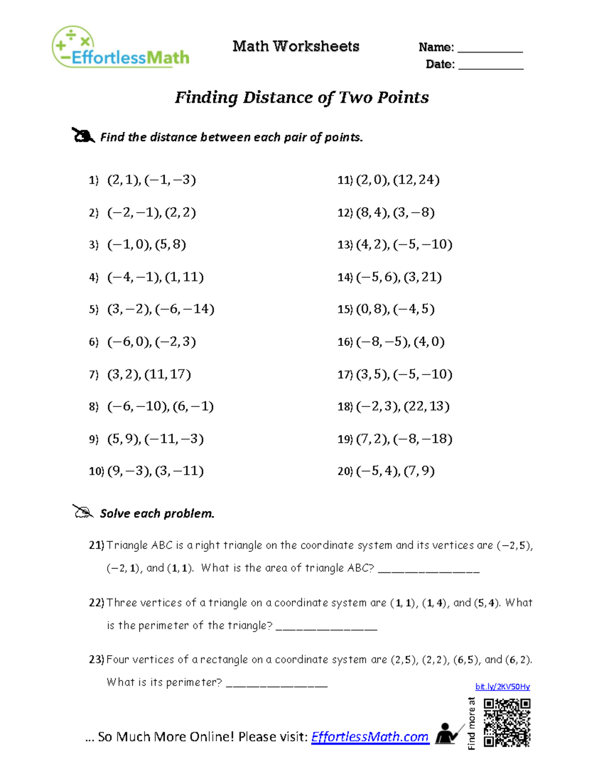Finding The Distance Between Two Points Worksheets