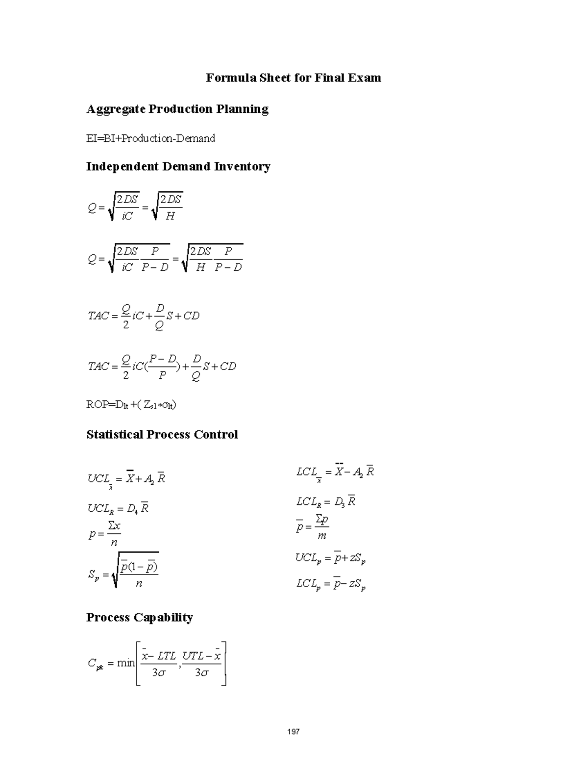 Formula Sheet Final - n/a - Formula Sheet for Final Exam Aggregate ...