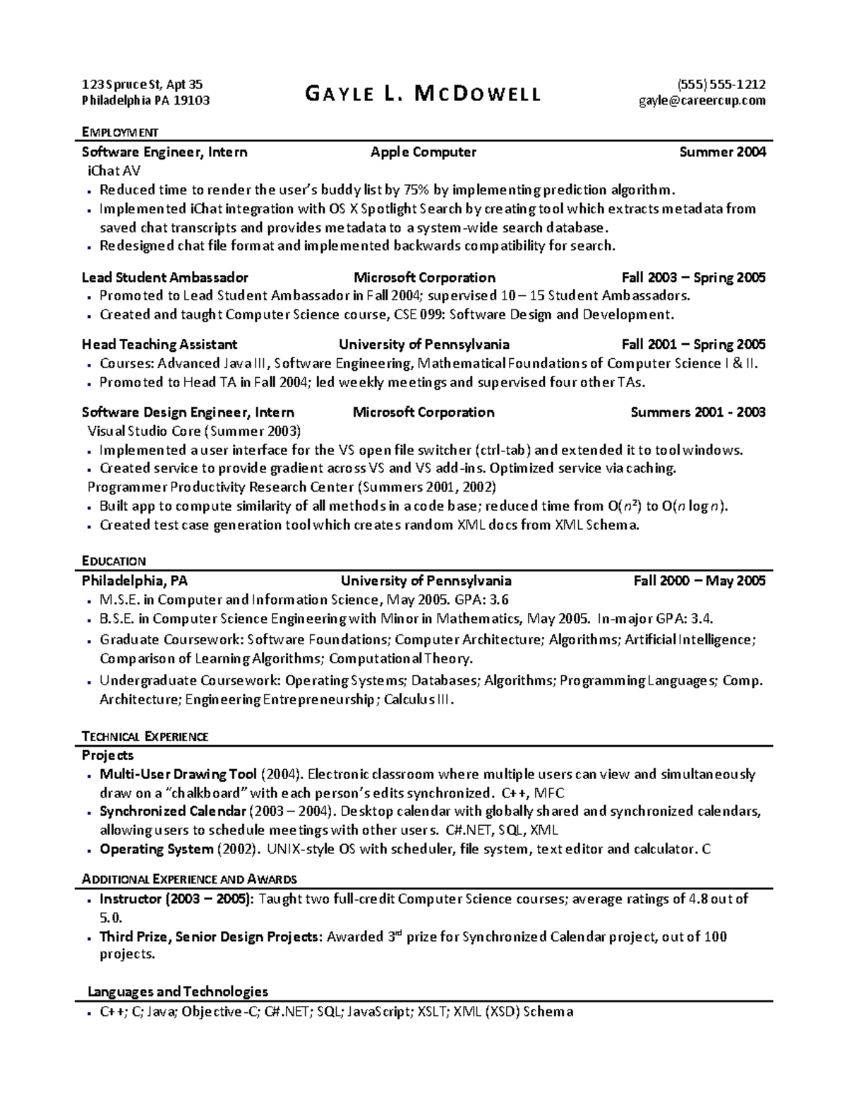 Mc Dowell Resume Template - 123 Spruce St, Apt 35 Philadelphia PA 19103 ...