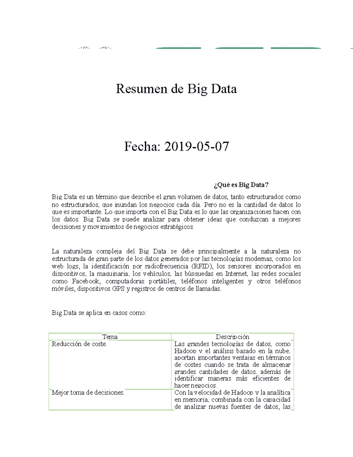 Trabajo Extra Big Data - Resumen de Big Data Fecha: es Big Data? Big ...
