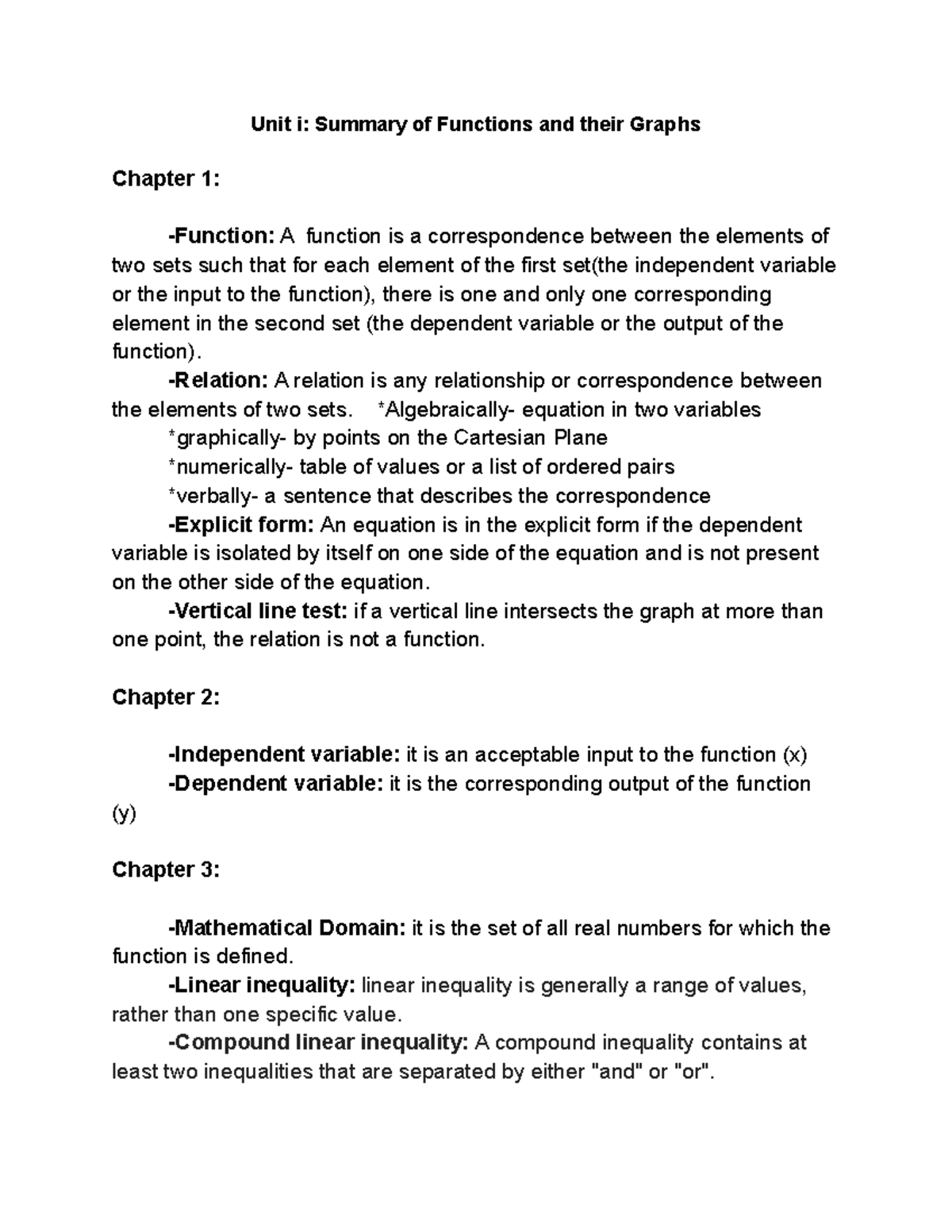 Summary of Functions and their Graphs -Relation: A relation is any ...