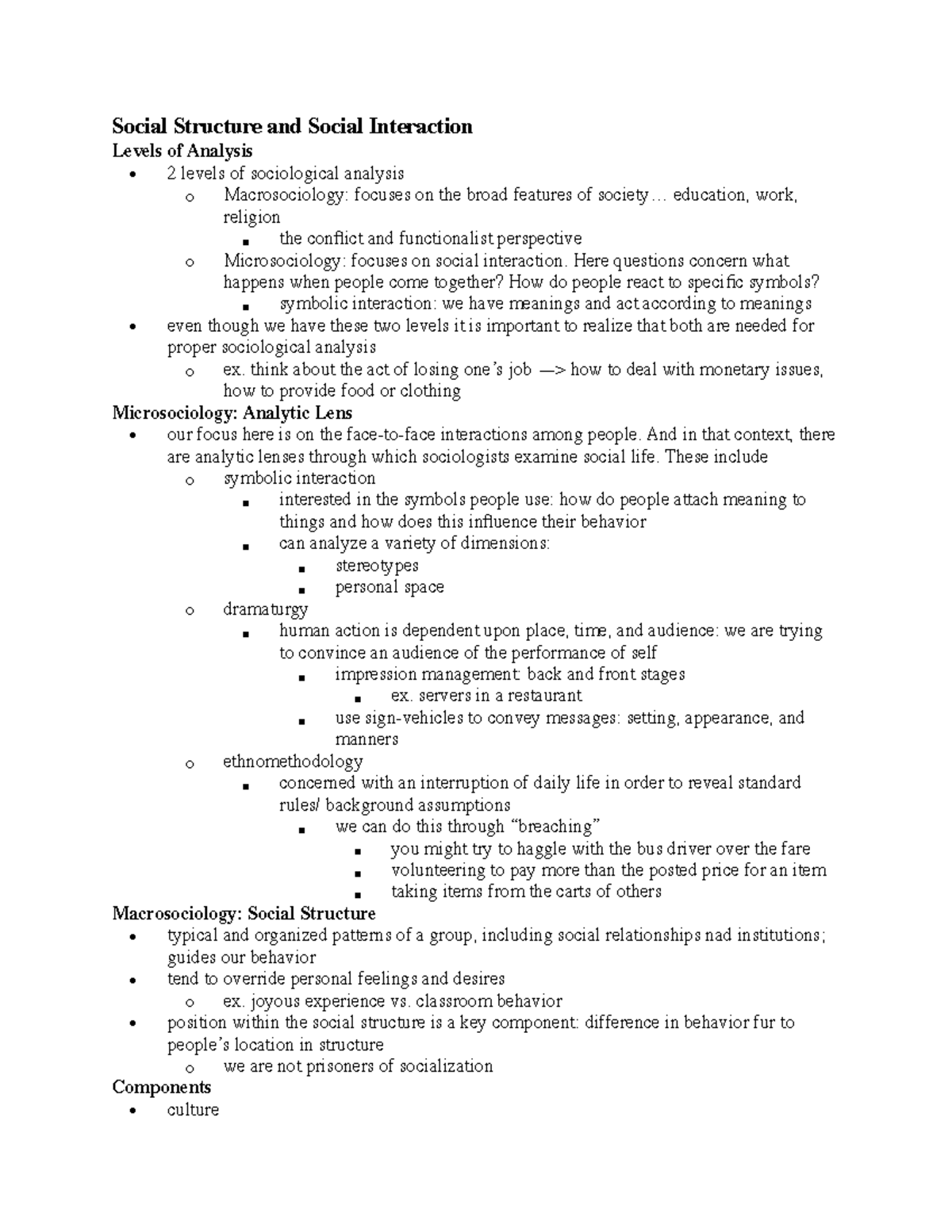 Notes set 1 - Social Structure and Social Interaction Levels of ...