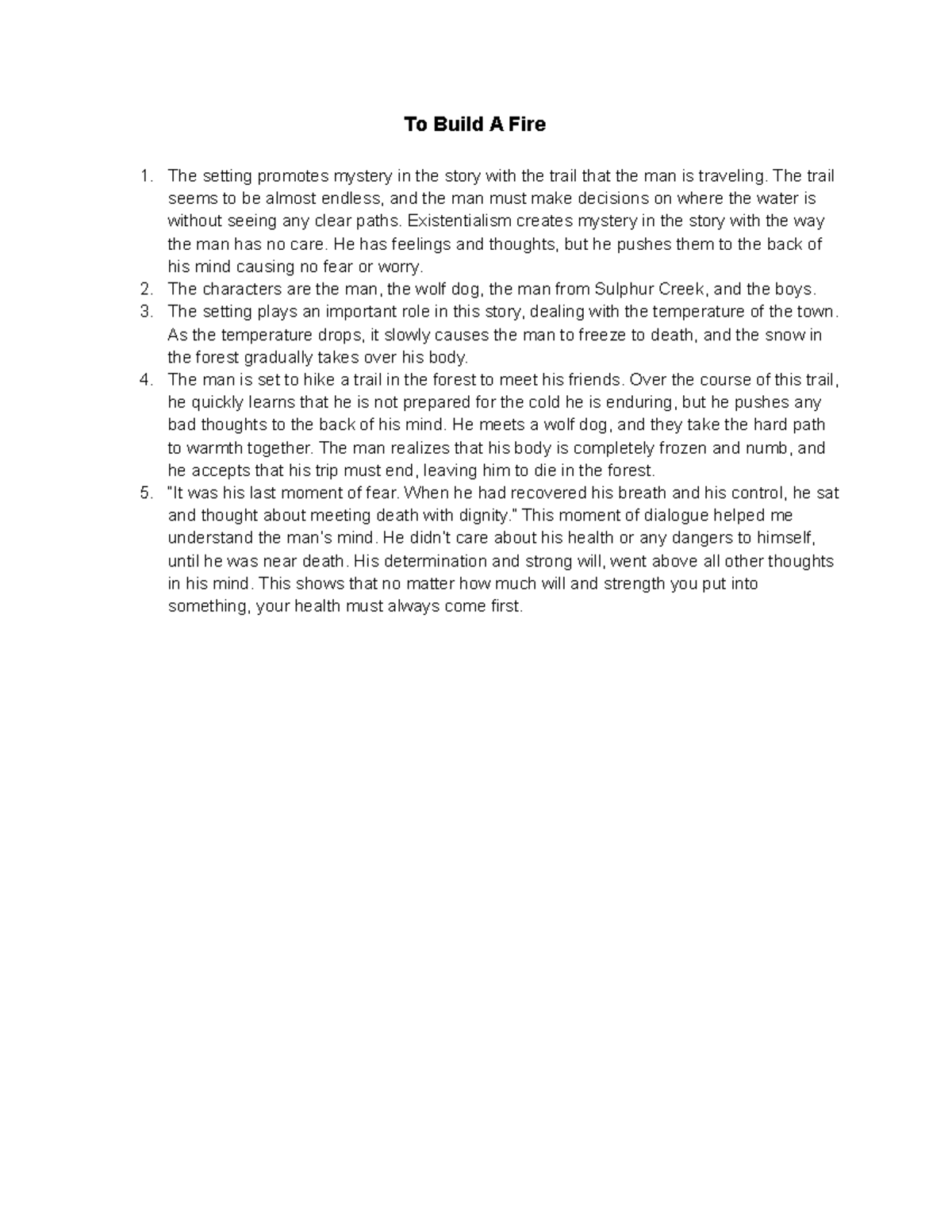 To Build A Fire - This answers the short story questions for Mrs. Pack ...