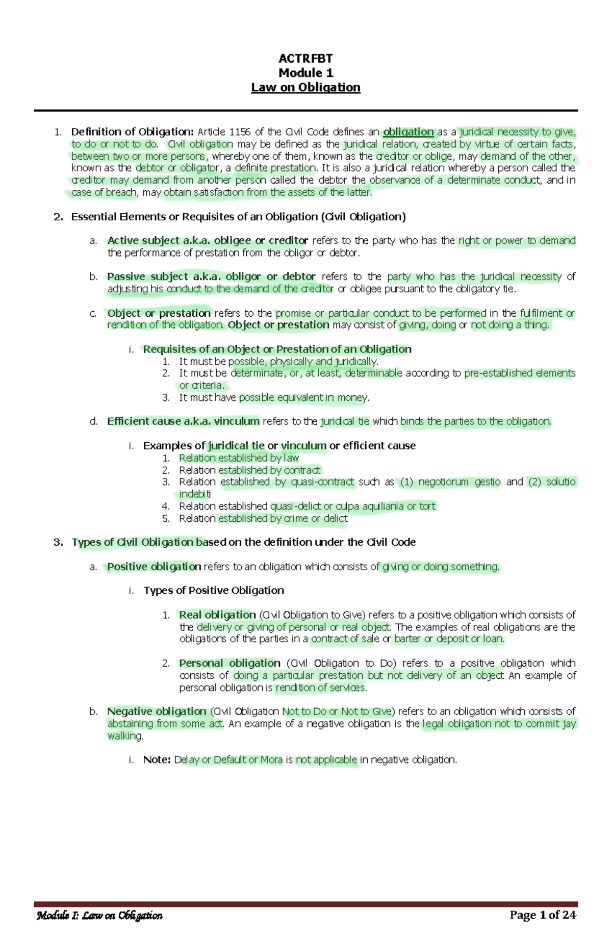 Module I Law on Obligation - ACTRFBT Module 1 Law on Obligation ...