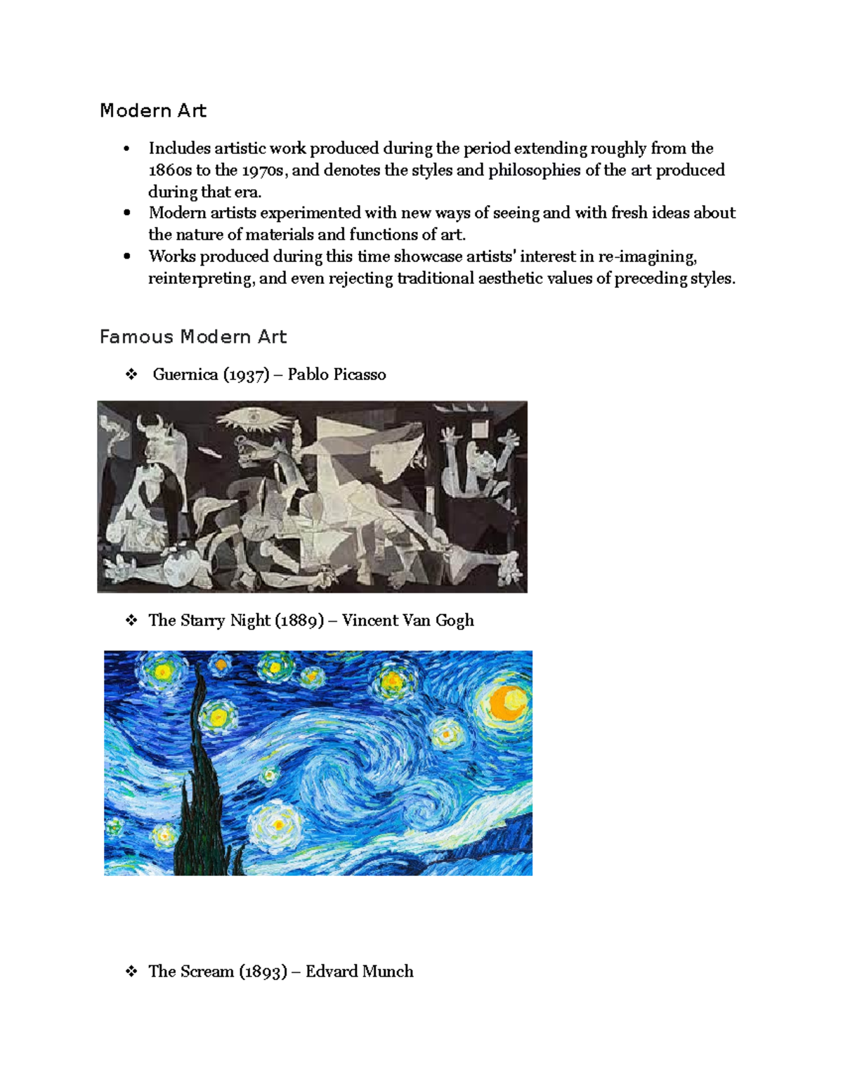 Modern Art and Post Modern Art - Modern Art Includes artistic work ...