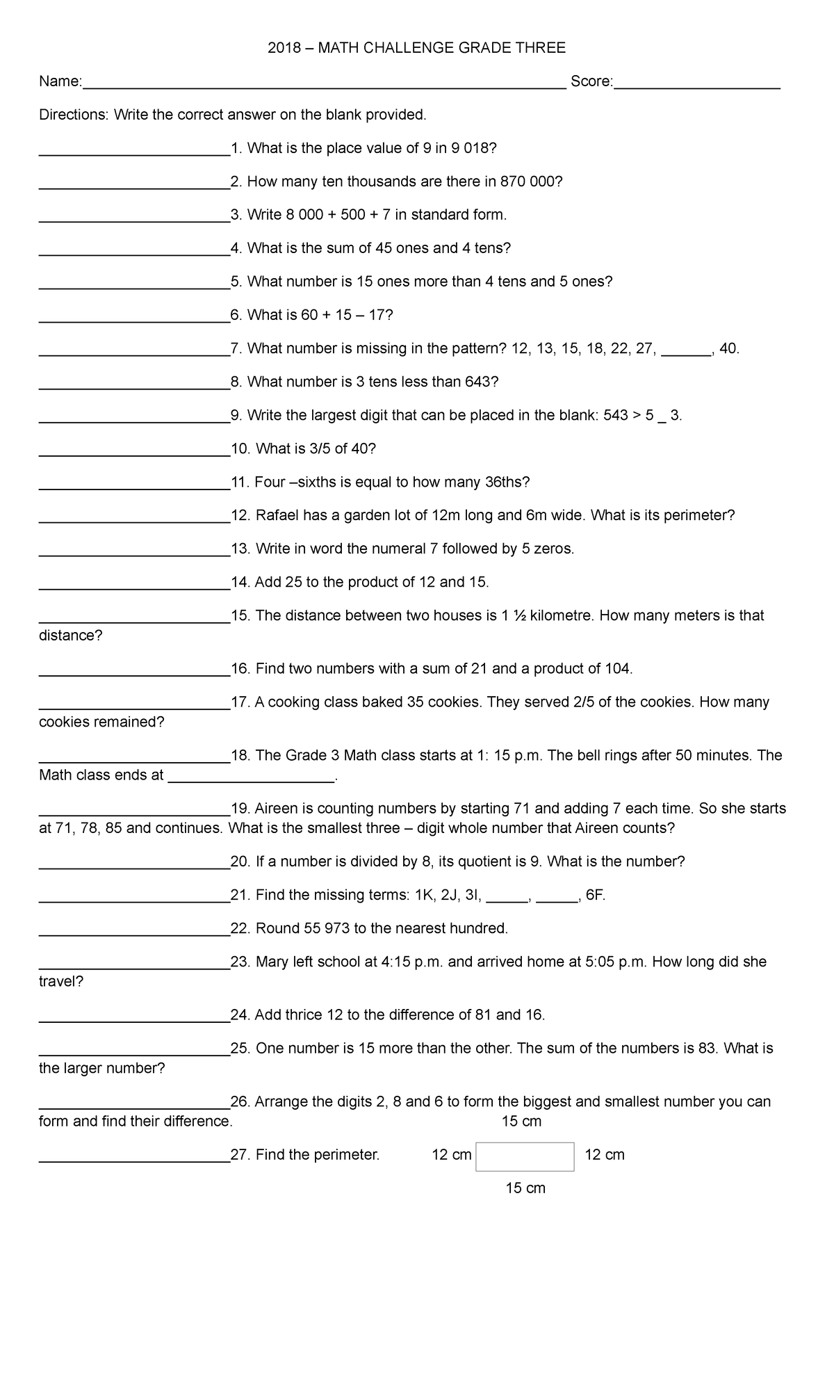 2018-MATH Challenge - 2018 – MATH CHALLENGE GRADE THREE - Studocu