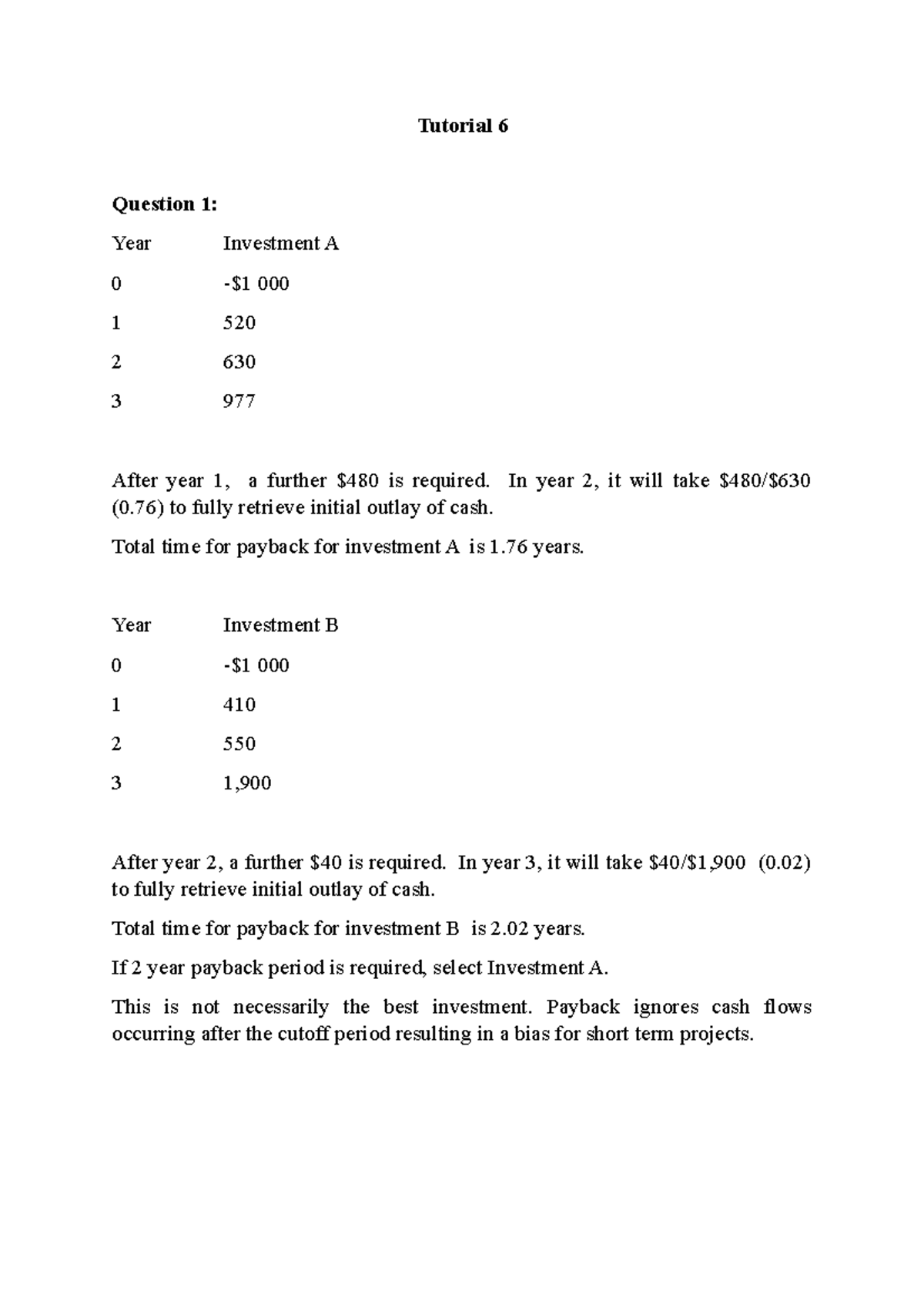 Capital Budgeting (Exercises) - Solutions-2 - Tutorial 6 Question 1 ...