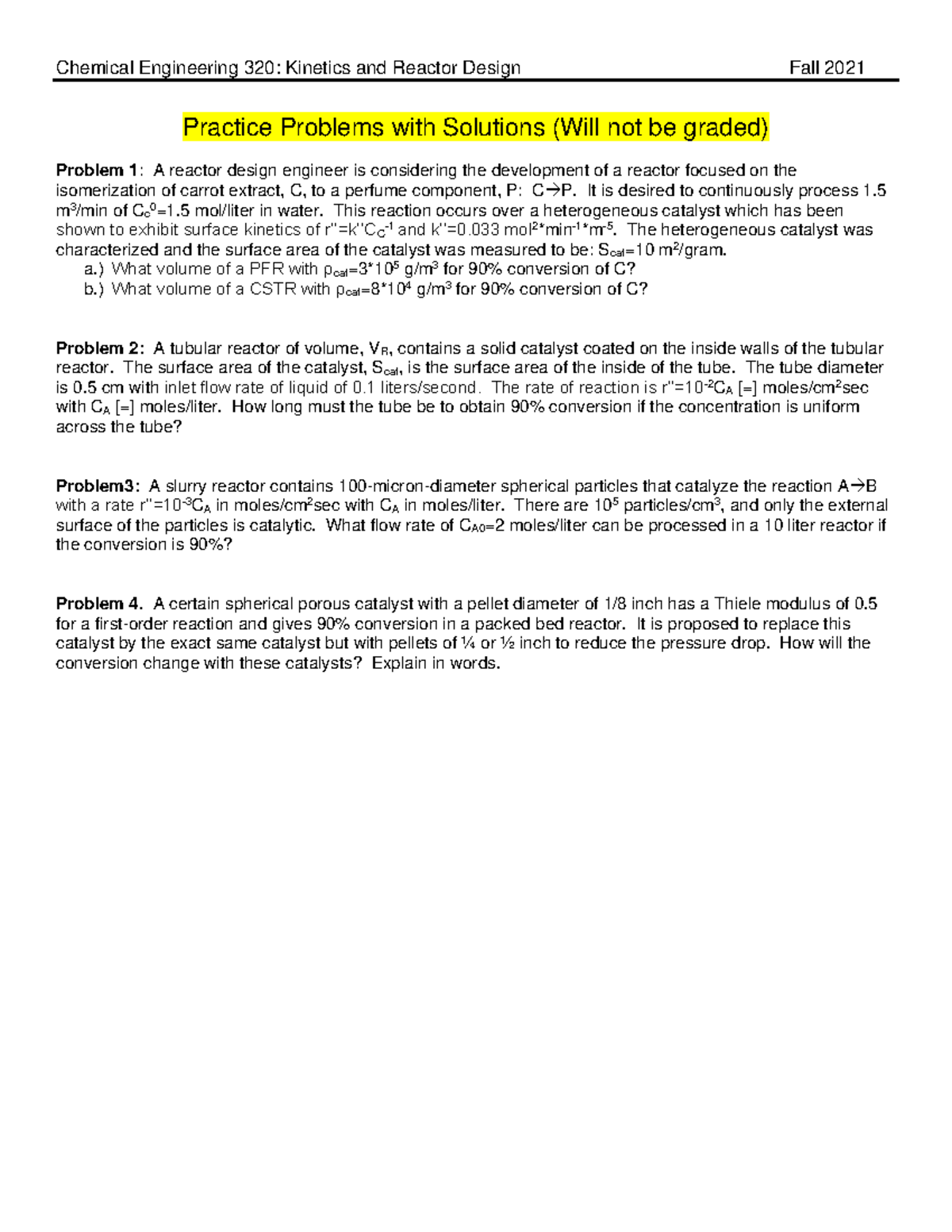 Kinetics and Reactor Design HW 11 2021 Practice Problems w Solutions ...