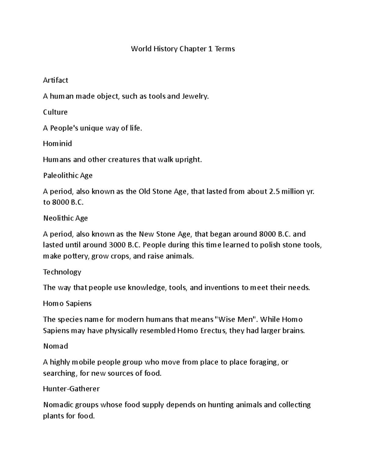 World History Chapter 1 Terms - World History Chapter 1 Terms Artifact ...