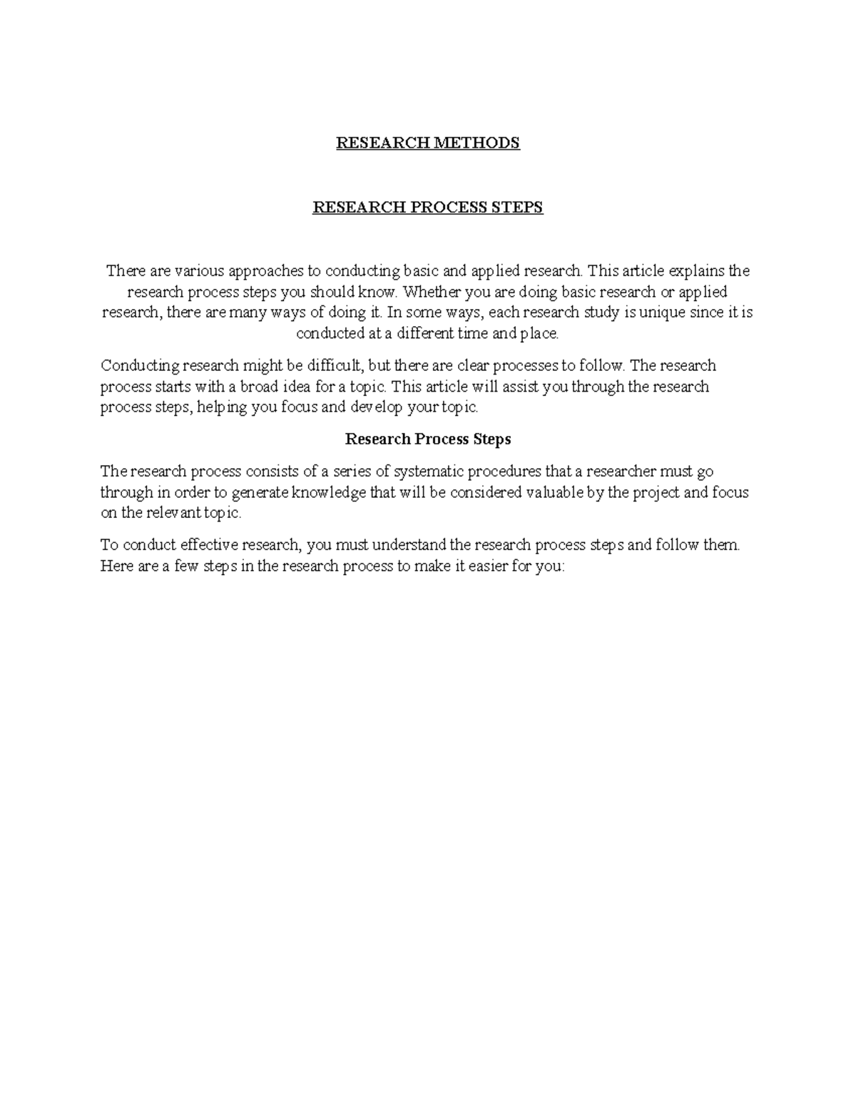 Research Methods Notes - RESEARCH METHODS RESEARCH PROCESS STEPS There ...