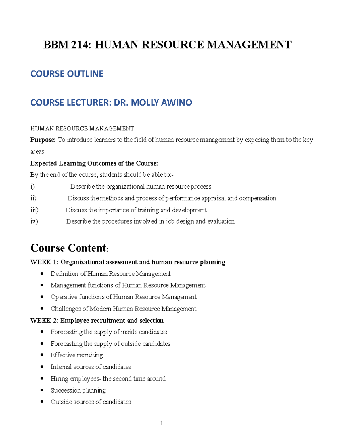 BBM 214 HRM Course Outline - BBM 214: HUMAN RESOURCE MANAGEMENT COURSE ...
