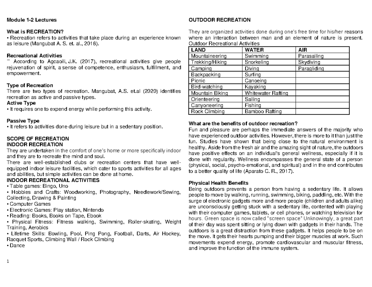 PE4 Modules 1 8 - Btsntshtsjtdn - Module 1 - 2 Lectures What is RECREATION? Recreation refers to ...