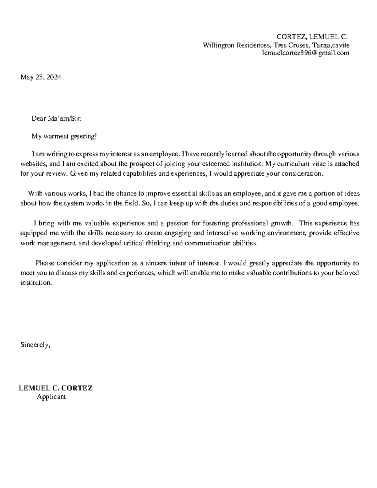 Cover Letter - CORTEZ, LEMUEL C. Willington Residences, Tres Cruses ...