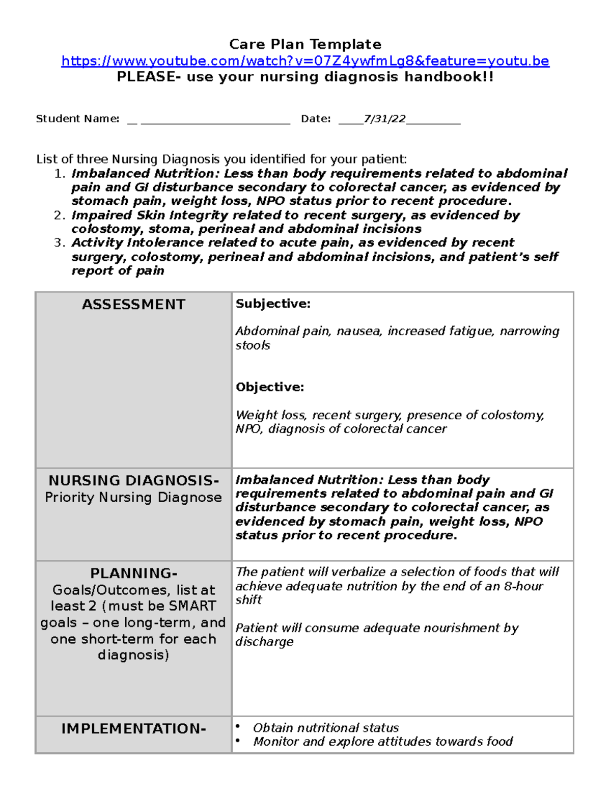 Assessment Marvinhayes careplan - Care Plan Template youtube/watch?v ...