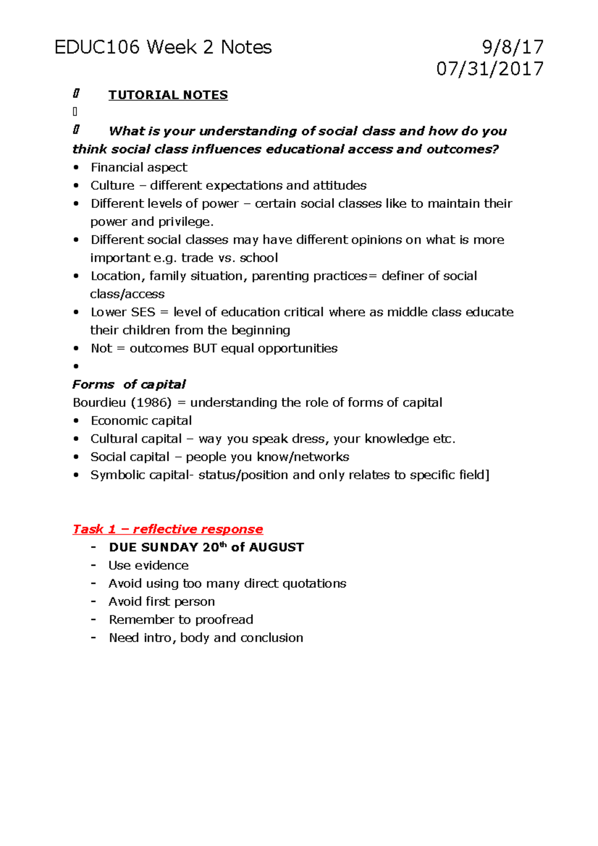 TUTE Notes - EDUC106 Week 2 Notes 9/8/17 07/31/2017 TUTORIAL NOTES What ...