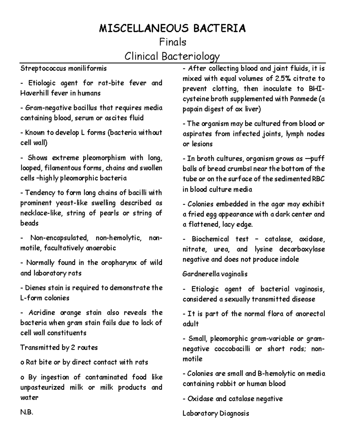Bacteriology Miscellaneous Bacteria - MISCELLANEOUS BACTERIA Finals ...