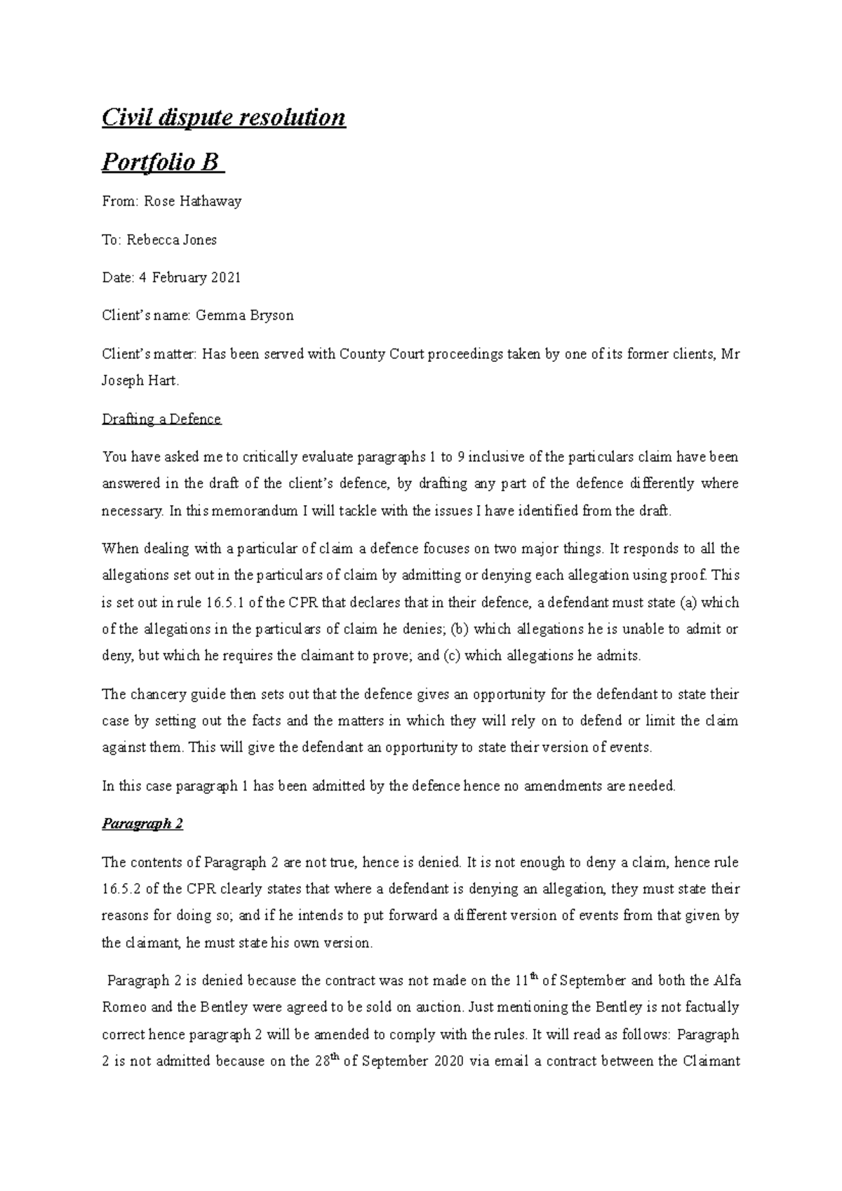 Civil dispute resolution Portfolio 2 answer - Civil dispute resolution ...