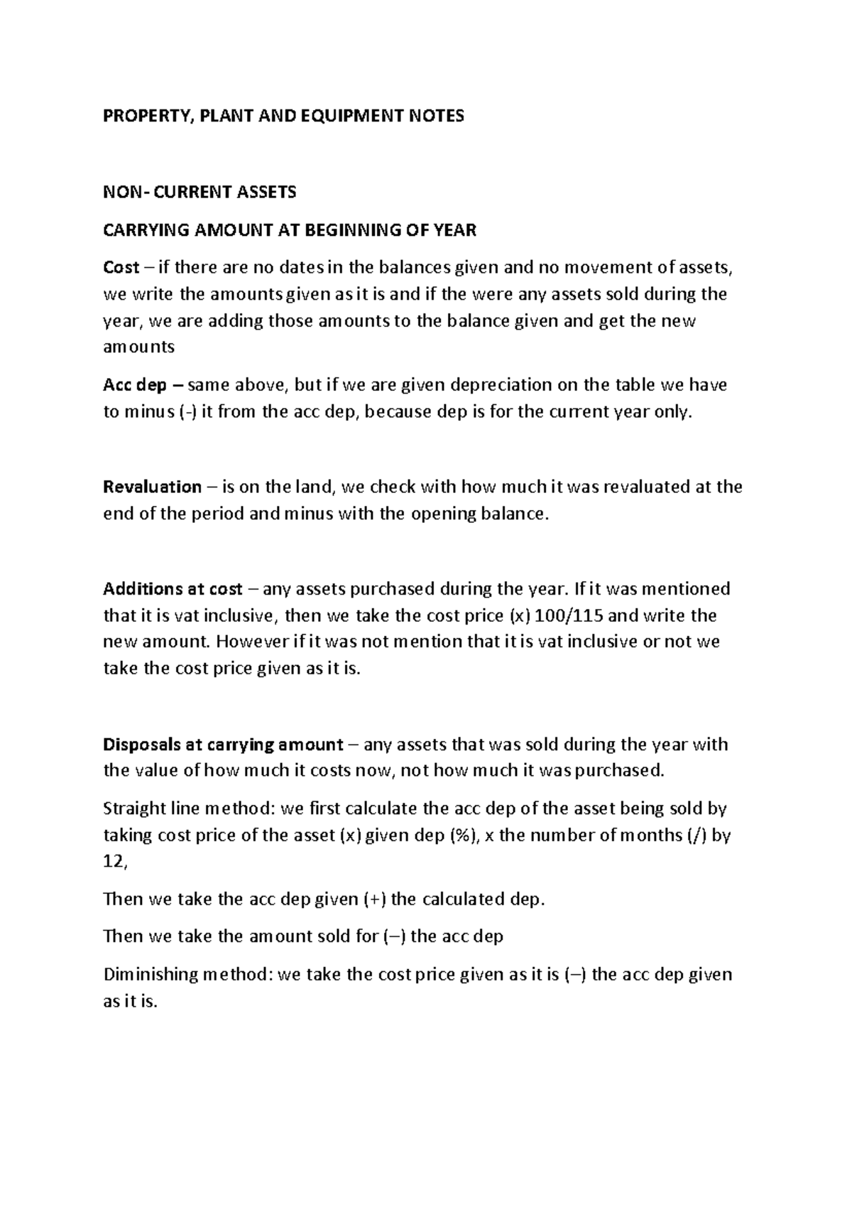 MY FAC2601 Notes - PROPERTY, PLANT AND EQUIPMENT NOTES NON- CURRENT ...